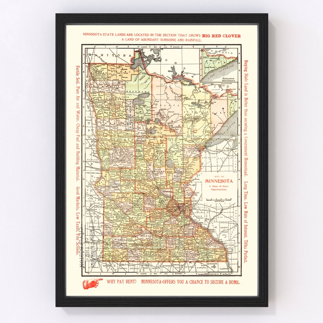 Minnesota Map 1904, Vintage Minnesota Map, Old Minnesota Art, Wall Art ...