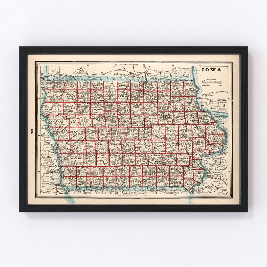 Iowa Map 1893 Old Map of Iowa Art Vintage Print Framed Wall Art Canvas ...