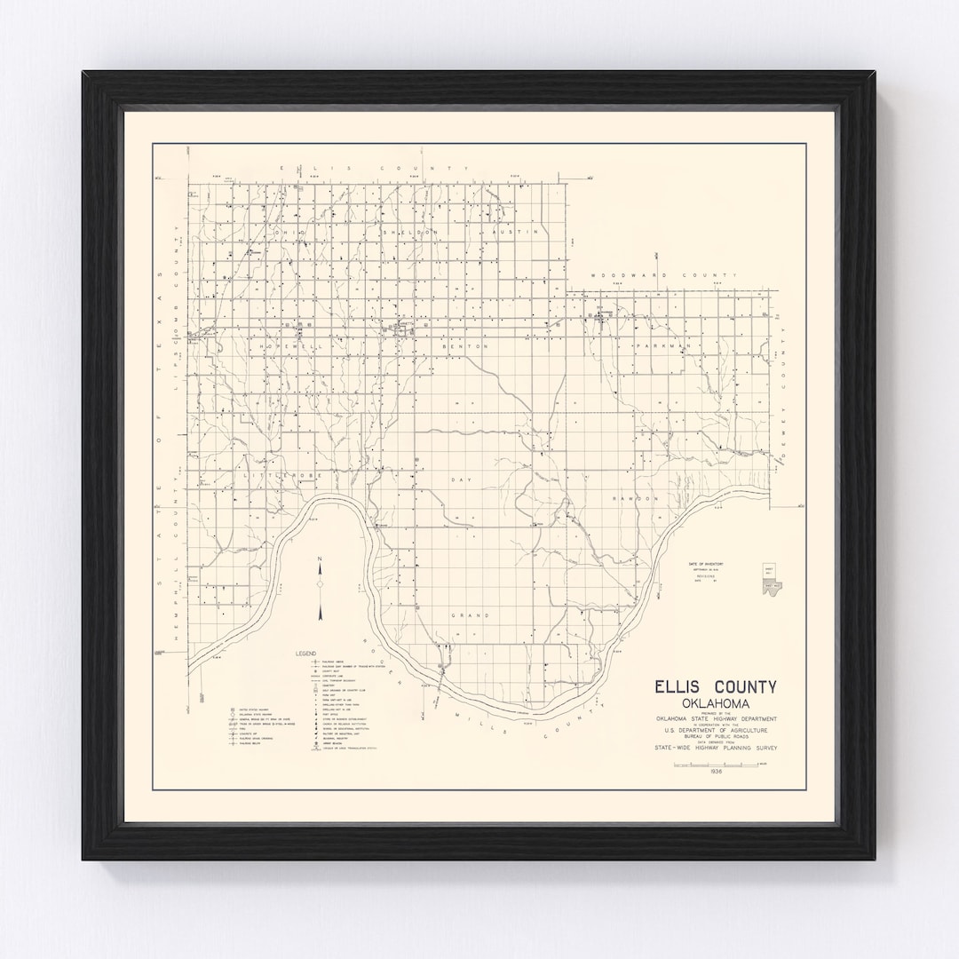 Ellis County OK Map 1936 Old Map of Oklahoma Art Vintage Print Framed ...