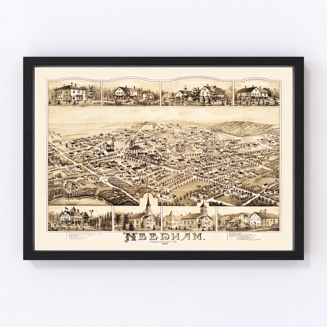 Needham Map 1887 - Old Map of Needham Massachusetts Art Vintage Print ...