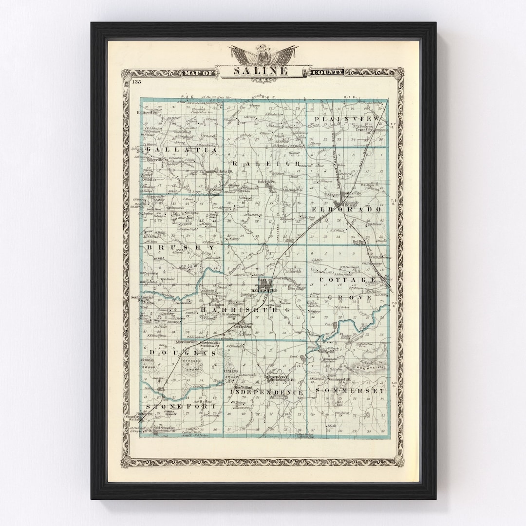 Saline County Map 1876, Vintage Saline County Map, Old Saline County ...