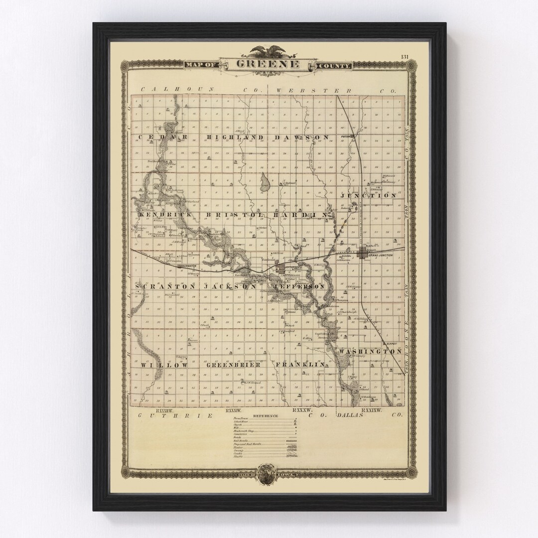 Greene County IA Map 1875 Old Map of Jefferson Iowa Art Vintage Print ...
