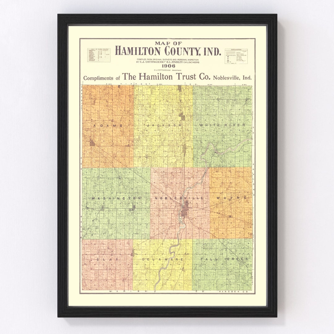 Hamilton County IN Map 1906 Old Map of Indiana Art Vintage Print Framed ...