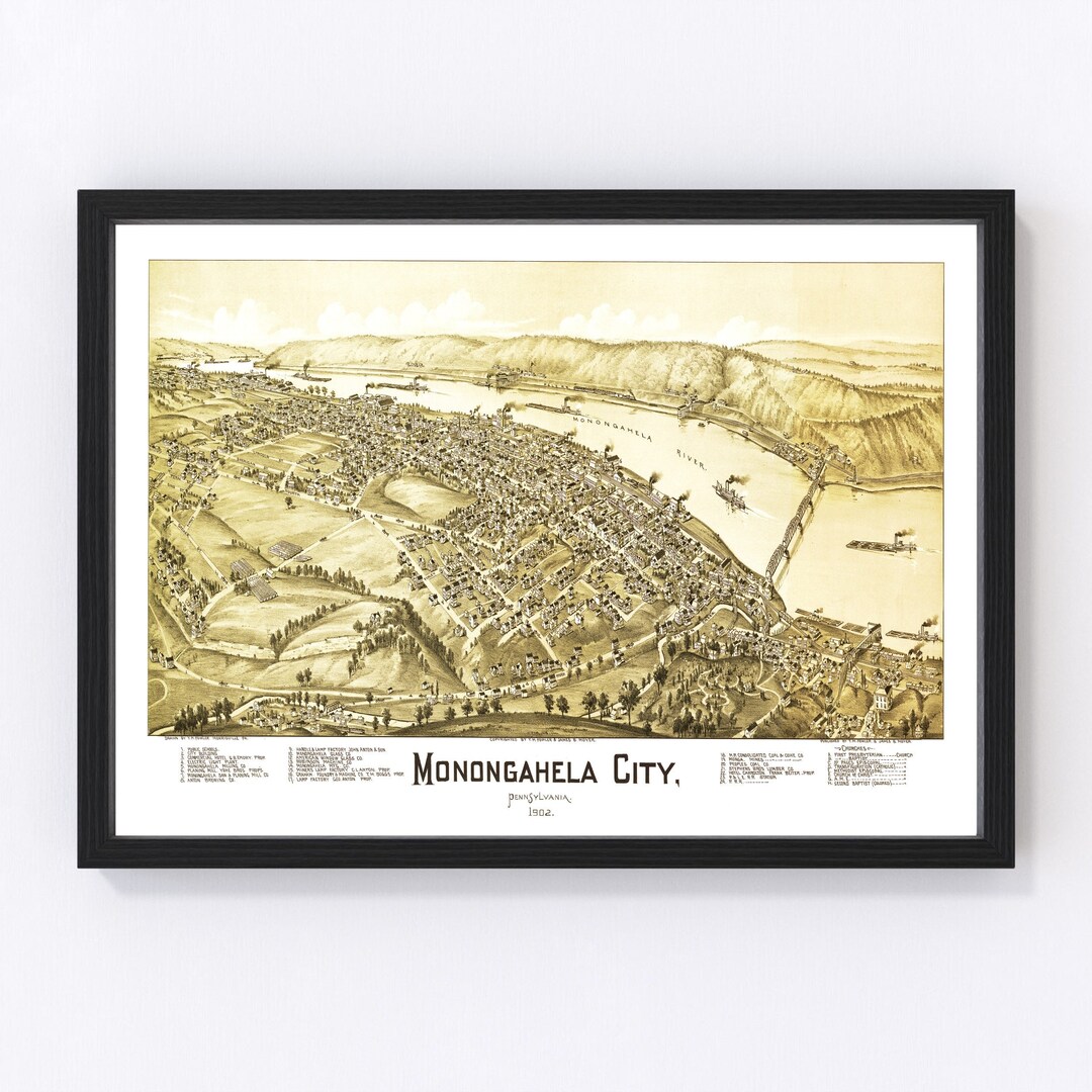 Monongahela City, Pennsylvania Vintage Map From 1902 Old City Map Art ...
