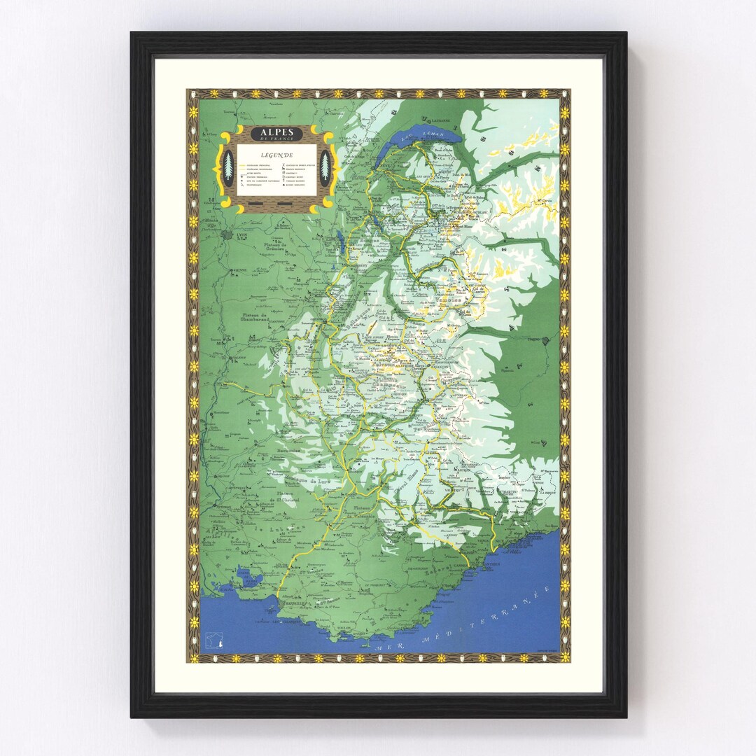 French Alps Map 1950, Vintage French Alps Map, Old French Alps Art ...