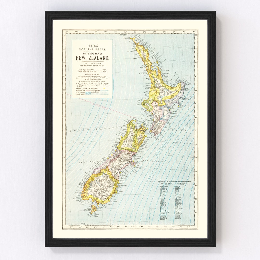 New Zealand Map 1883, Vintage New Zealand Map, Old New Zealand Art ...