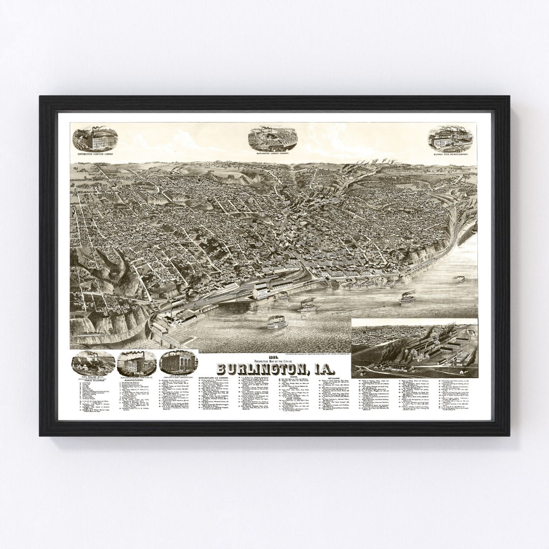 Burlington Map 1889, Vintage Burlington Map, Old Burlington Iowa Art ...