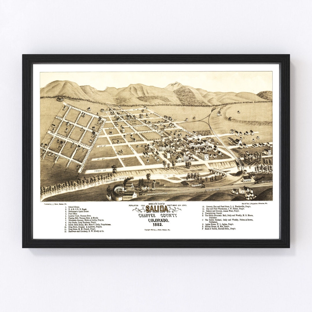 Salida Map 1882 - Old Map of Salida Colorado Art Vintage Print Framed ...