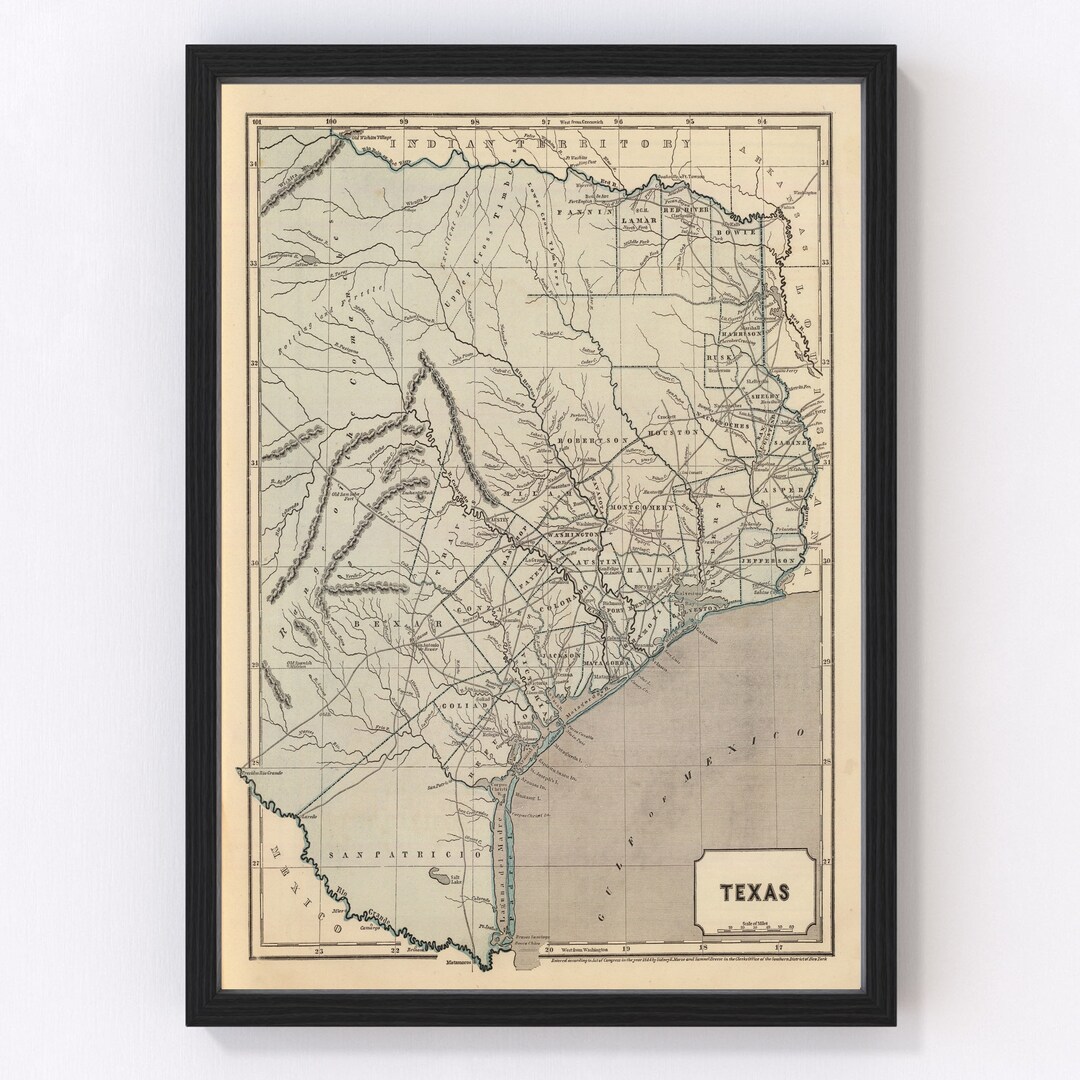 Texas Map 1842 Old Map of Texas Art Vintage Print Framed Wall Art ...
