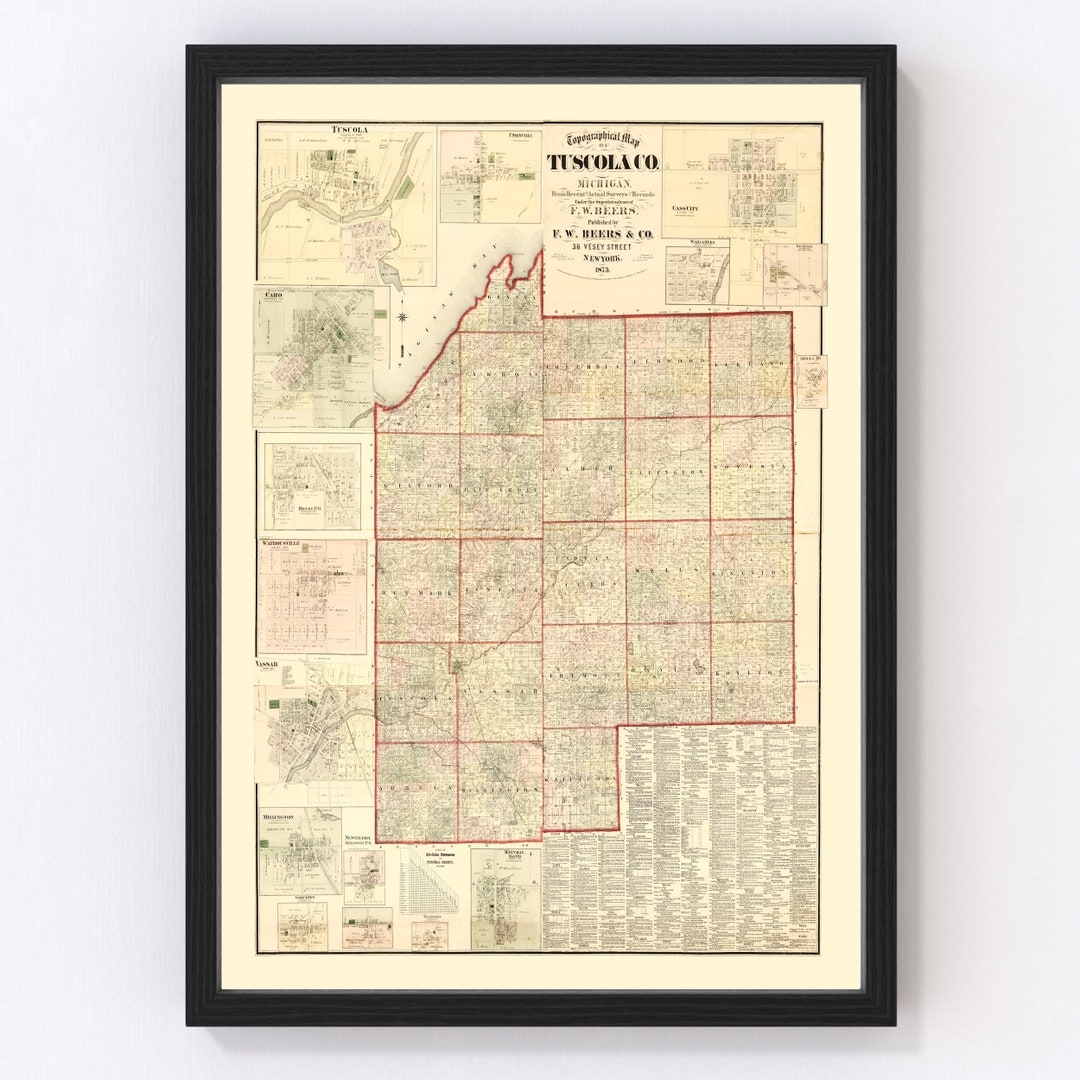 Tuscola County Map 1875, Vintage Tuscola County Map, Old Tuscola County ...