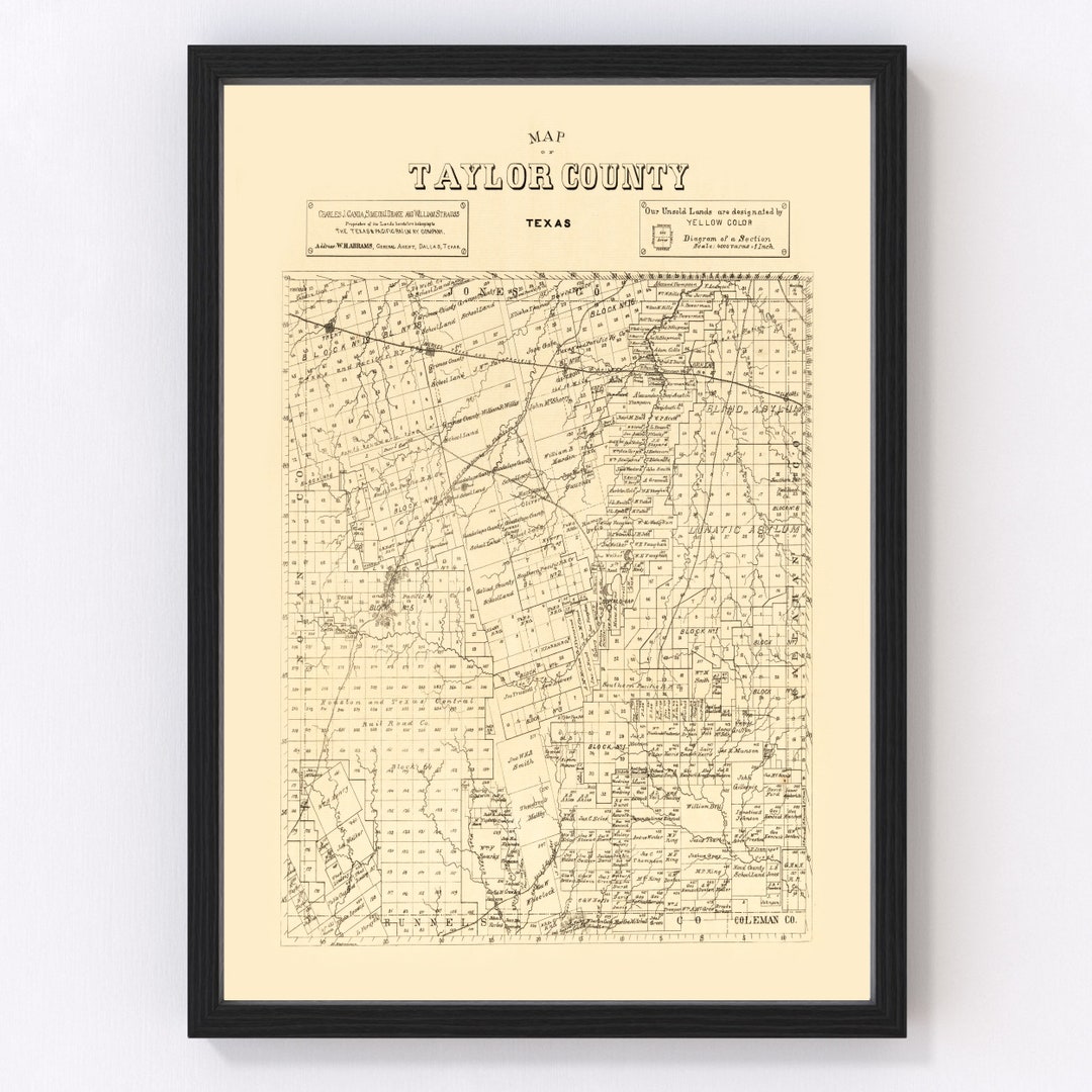 Taylor County Texas Map 1890 Old Map of Taylor County Texas Art Vintage ...