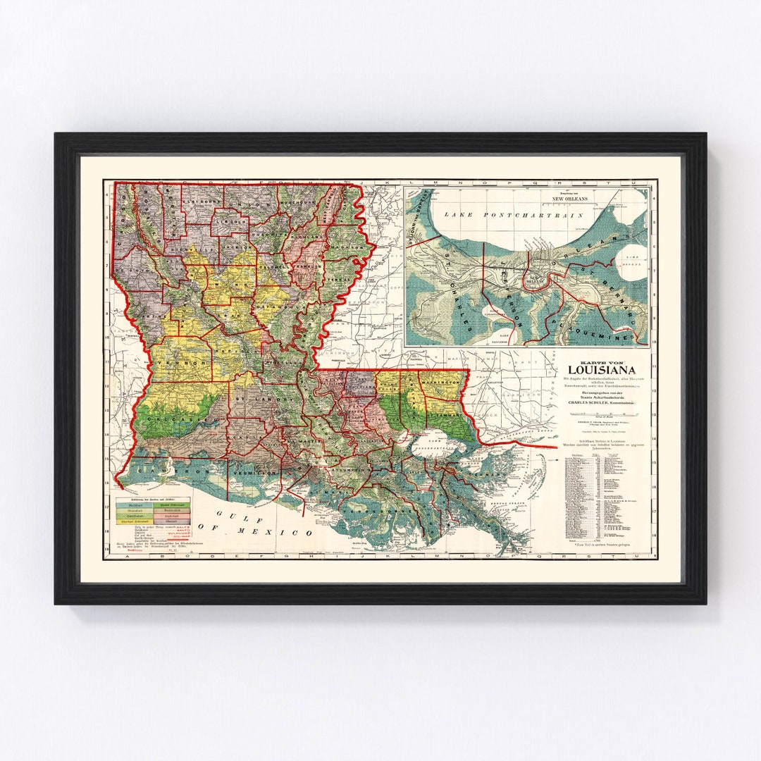 Louisiana Map 1908 - Old Map of Louisiana Art Vintage Print Framed Wall ...