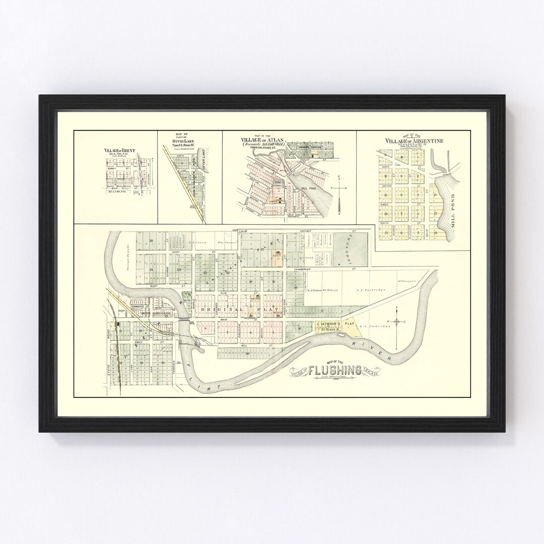 Flushing Map 1889 Old Map of Flushing Michigan Art Vintage Print Framed ...
