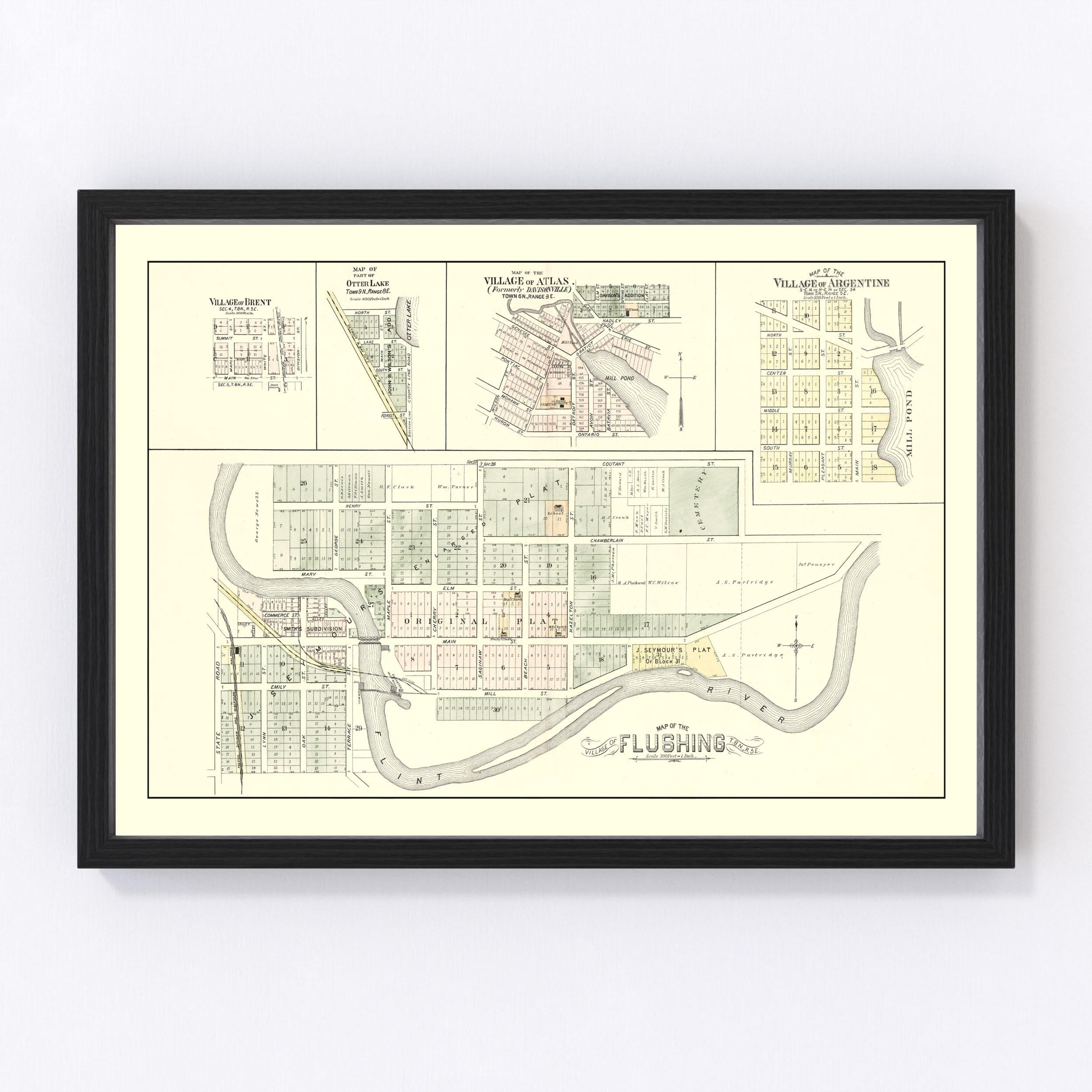 Flushing Map 1889, Vintage Flushing Map, Old Flushing Michigan Art ...