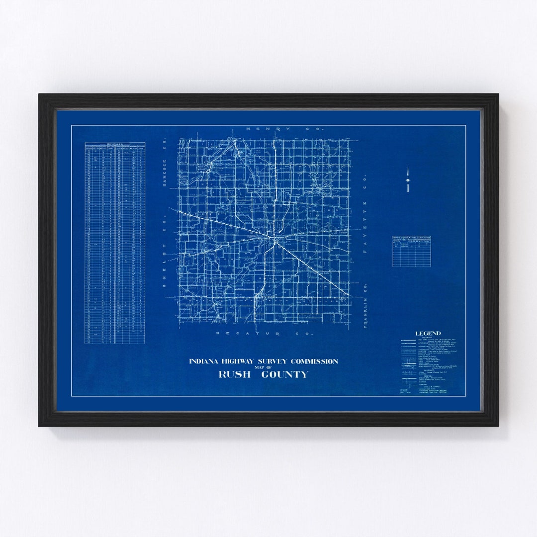 Rush County IN Map 1936 Old Map of Indiana Art Vintage Print Framed ...