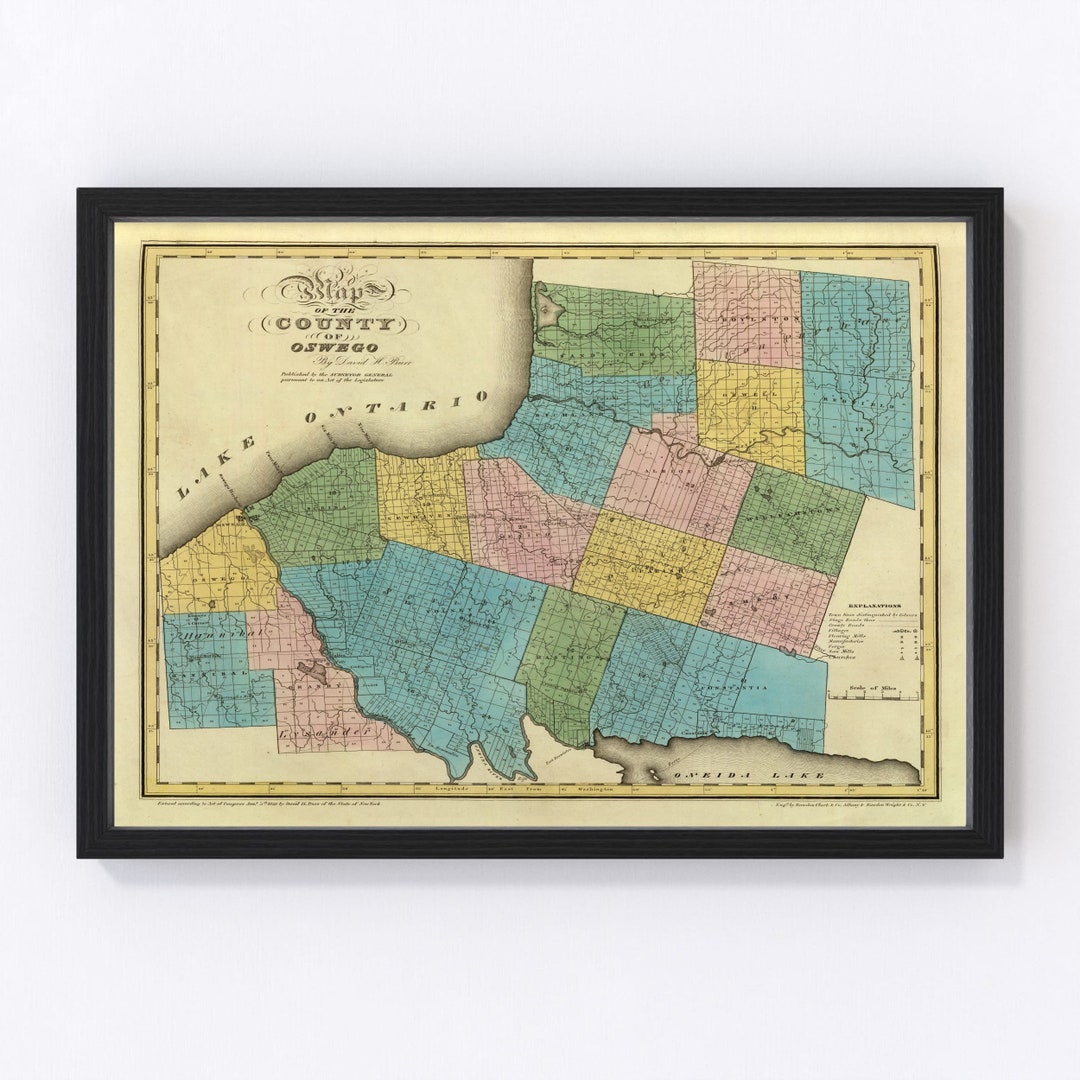 Oswego County NY Map 1829 Old Map of Oswego New York Art Vintage Print ...