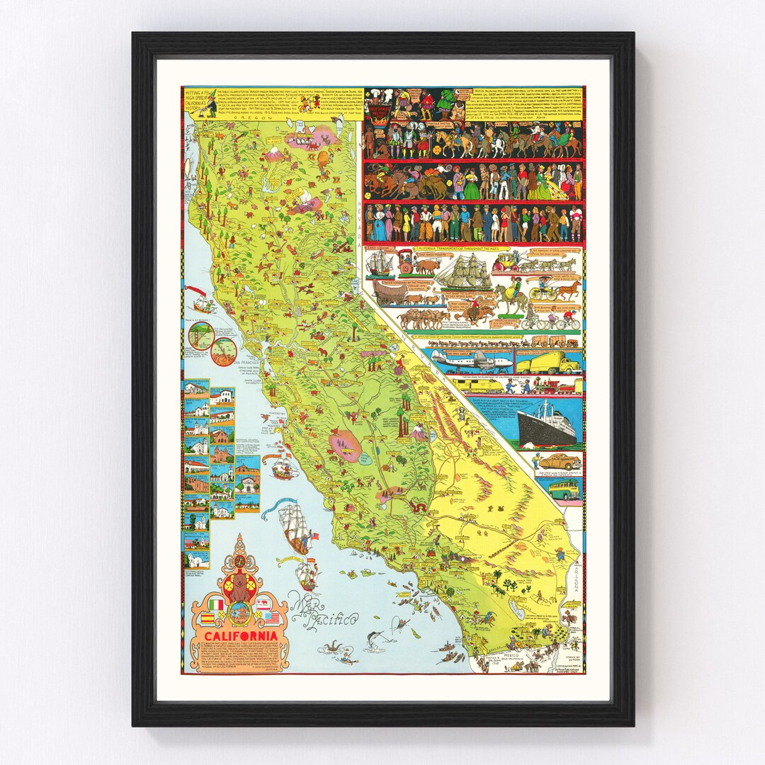 California Map 1945, Vintage California Map, Old California Art, Wall ...