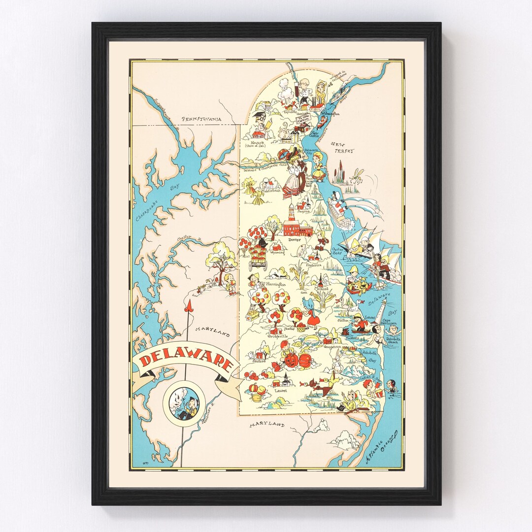 Delaware Map 1935 Old Map of Delaware Art Vintage Print Framed Wall Art ...