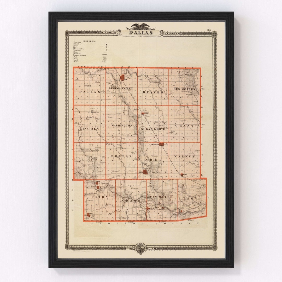 Dallas County IA Map 1875 Old Map of Adel Iowa Art Vintage Print Framed ...
