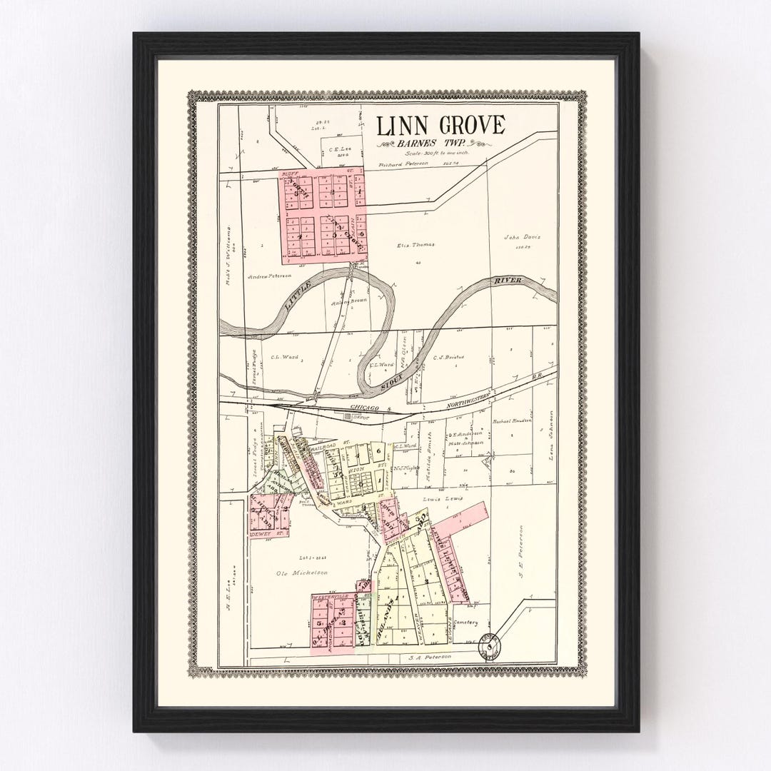 Linn Grove Map 1908 Old Map of Linn Grove Iowa Art Vintage Print Framed ...