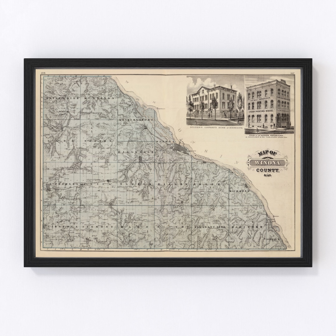 Winona County MN Map 1874 Old Map of Winona Minnesota Art Vintage Print ...