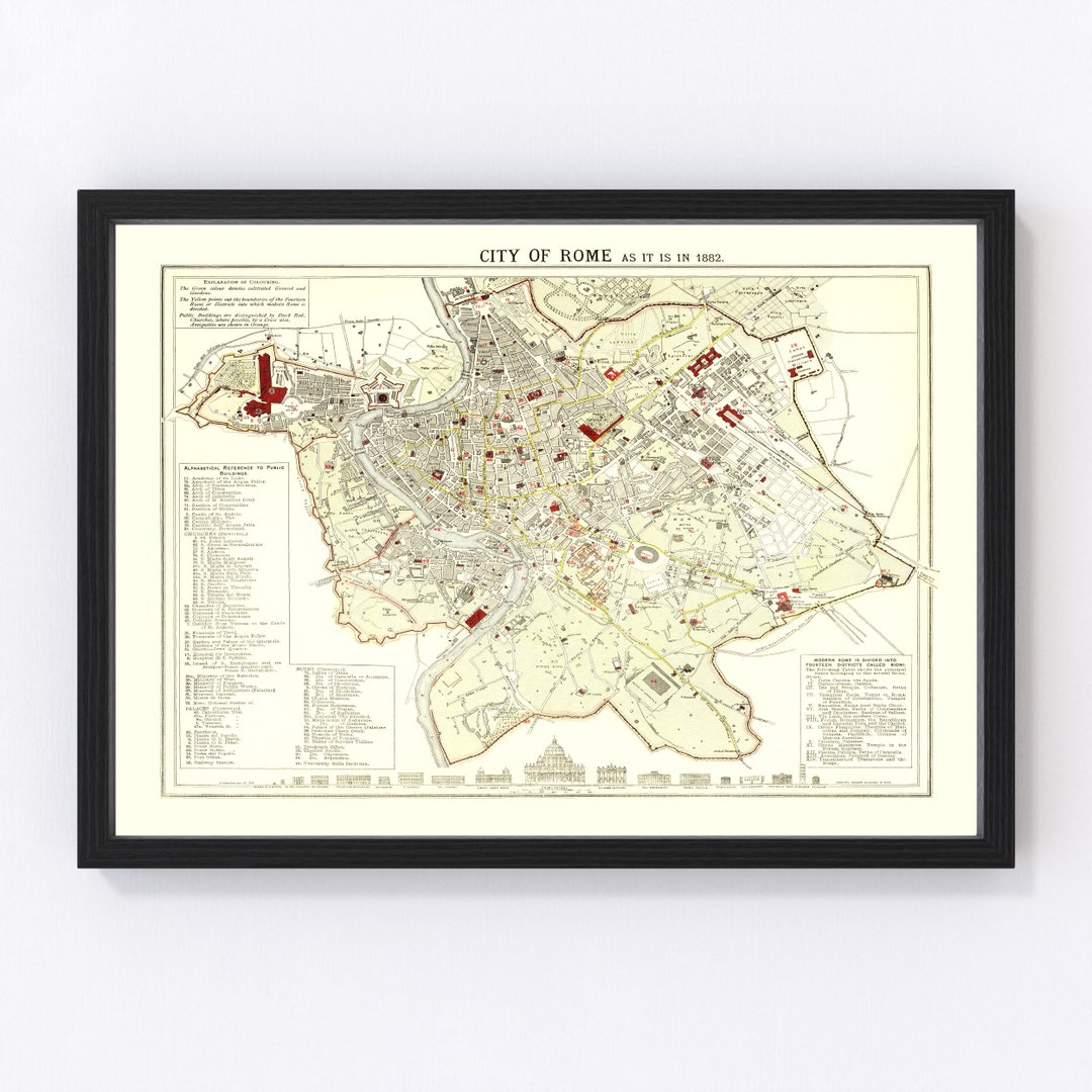 Rome Map 1883 Old Map of Rome Italy Art Vintage Print Framed Wall Art ...