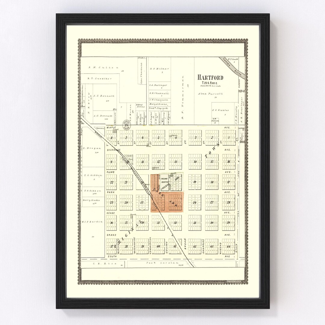 Hartford Map 1901 Old Map of Hartford Kansas Art Vintage Print Framed ...