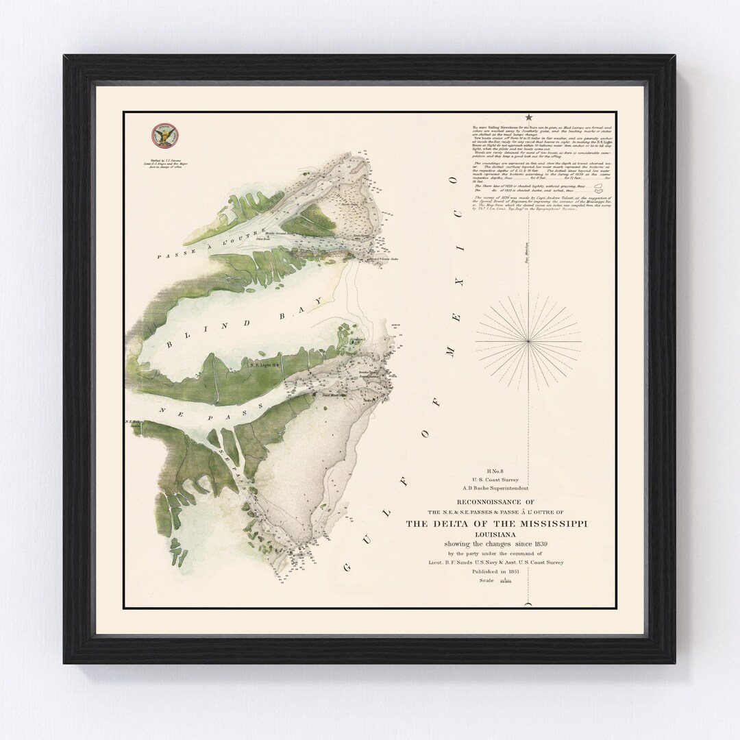 Mississippi River Delta Map 1851, Vintage Mississippi River Delta Map ...