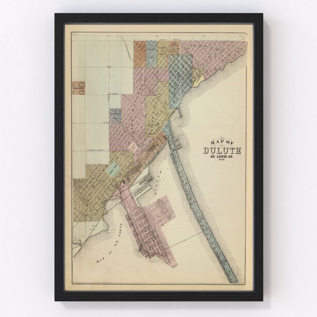 Duluth Map 1874 Old Map of Duluth Minnesota Art Vintage Print Framed ...