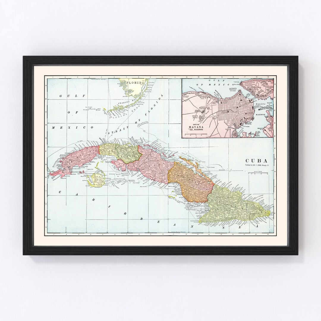 Cuba Map Art Vintage Print From 1901 Old Cuba Art Framed or Canvas - Etsy