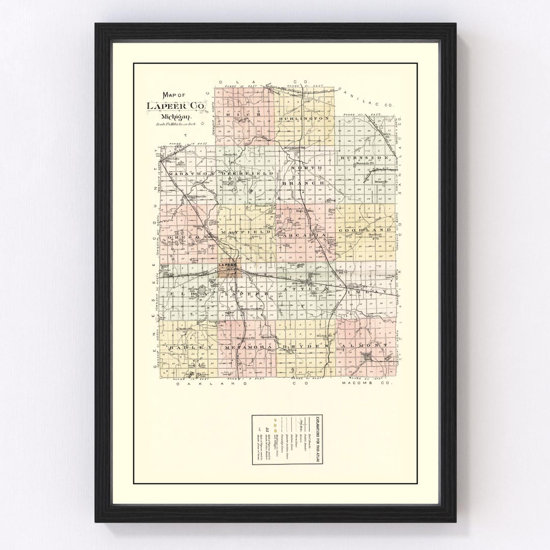 Lapeer County Map 1893, Vintage Lapeer County Map, Old Lapeer County ...
