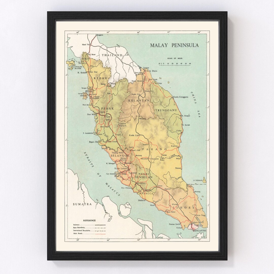 Malay Peninsula Map 1955, Vintage Malay Peninsula Map, Old Malay ...