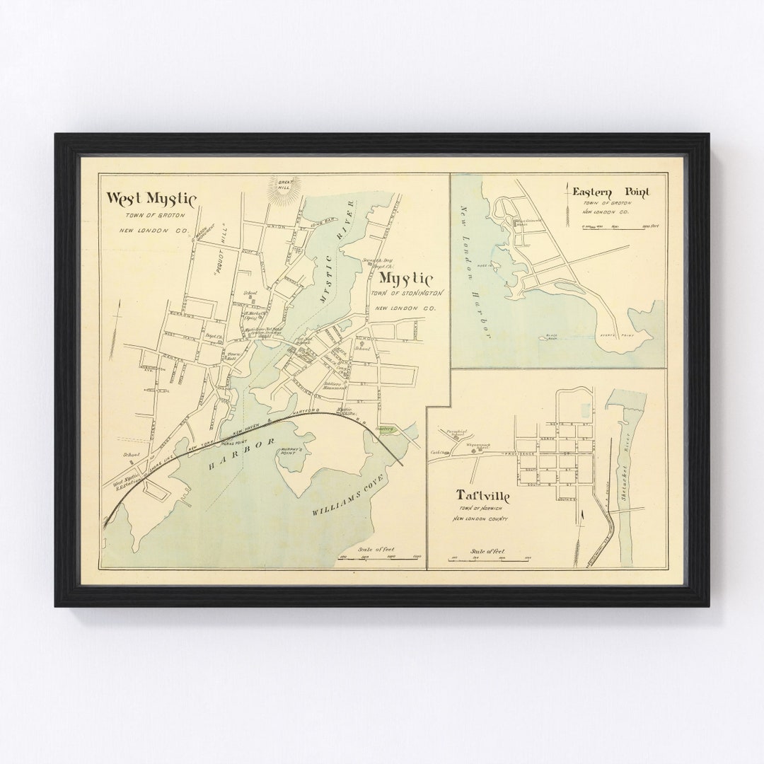 Mystic Map 1893, Vintage Mystic Map, Old Mystic Connecticut Art, Wall ...