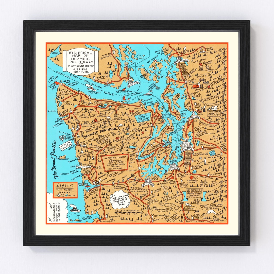 Olympic Peninsula & Puget Sound Map 1934 Old Map of Puget Sound Art ...