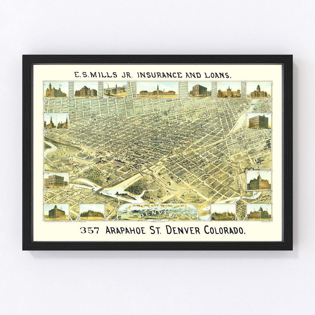Denver Map 1882 Old Map of Denver Colorado Art Vintage Print Framed ...
