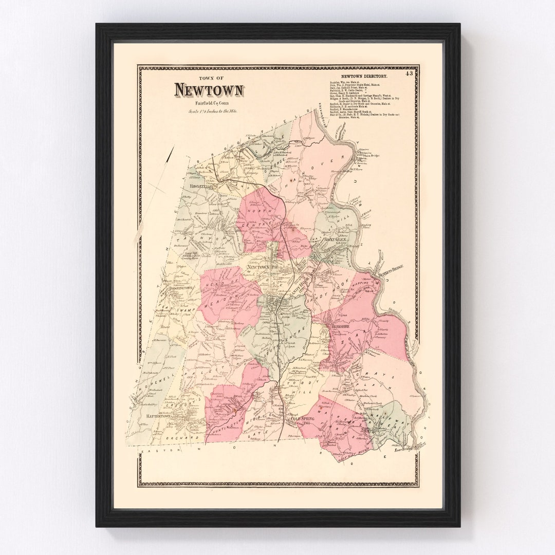 Newtown Map 1867 Old Map of Newtown Connecticut Art Vintage Print ...