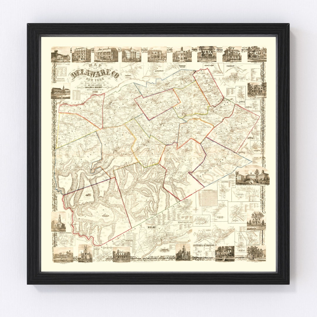 Delaware County Map 1856, Vintage Delaware County Map, Old Delaware ...