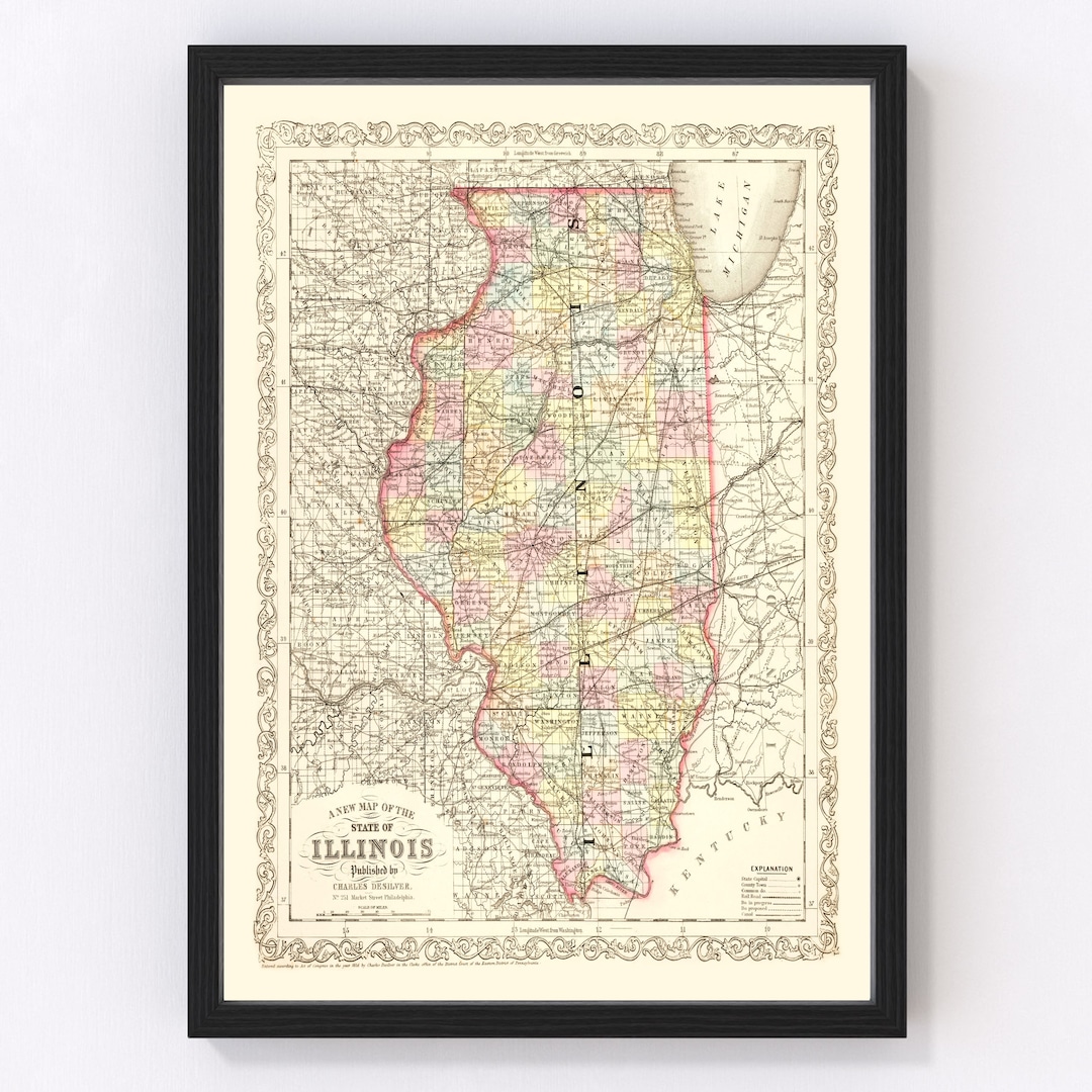 Illinois Map 1857, Vintage Illinois Map, Old Illinois Art, Wall Art ...