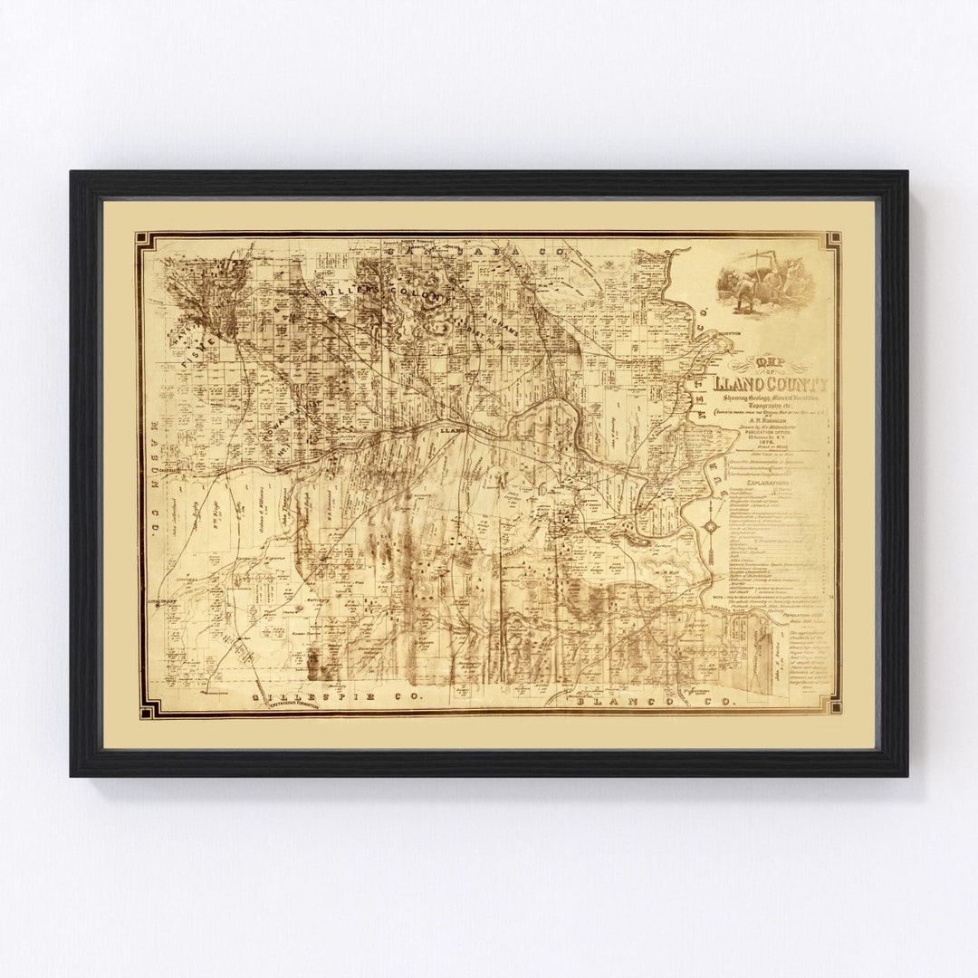Llano County Texas Map 1875 - Old Map of Llano County Texas Art Vintage ...