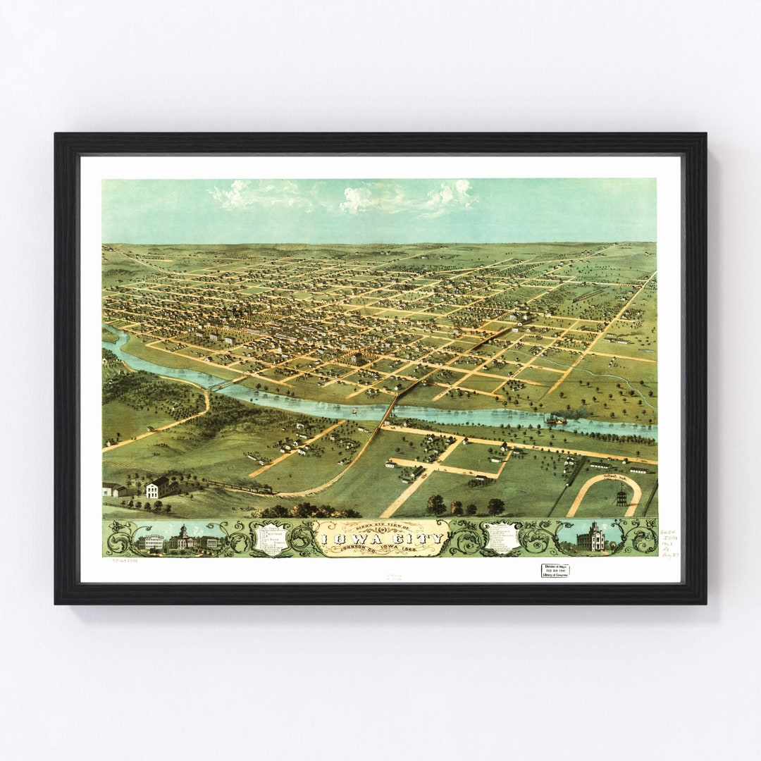 Iowa City Map 1868 - Old Map of Iowa City Iowa Art Vintage Print Framed ...