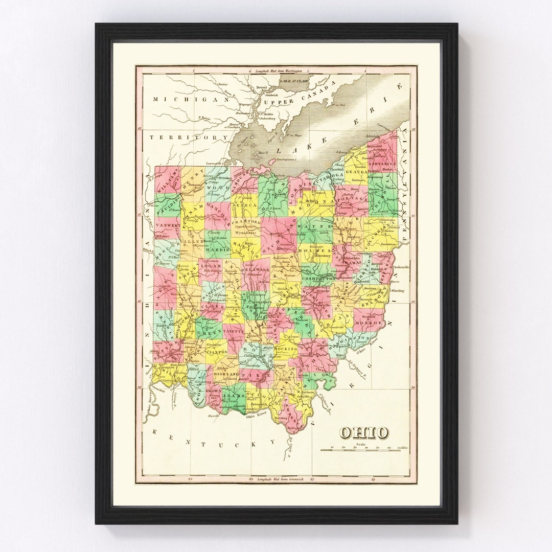 Ohio Map 1831 Old Map of Ohio Art Vintage Print Framed Wall Art Canvas ...