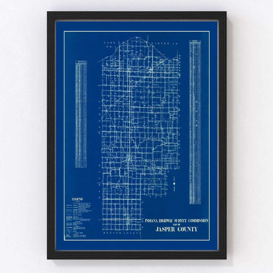 Jasper County IN Map 1936 Old Map of Indiana Art Vintage Print Framed ...