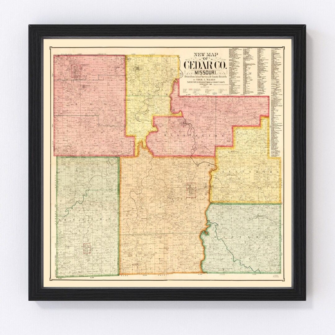 Cedar County Map 1897, Vintage Cedar County Map, Old Cedar County Missouri Art, Wall Art Gift ...