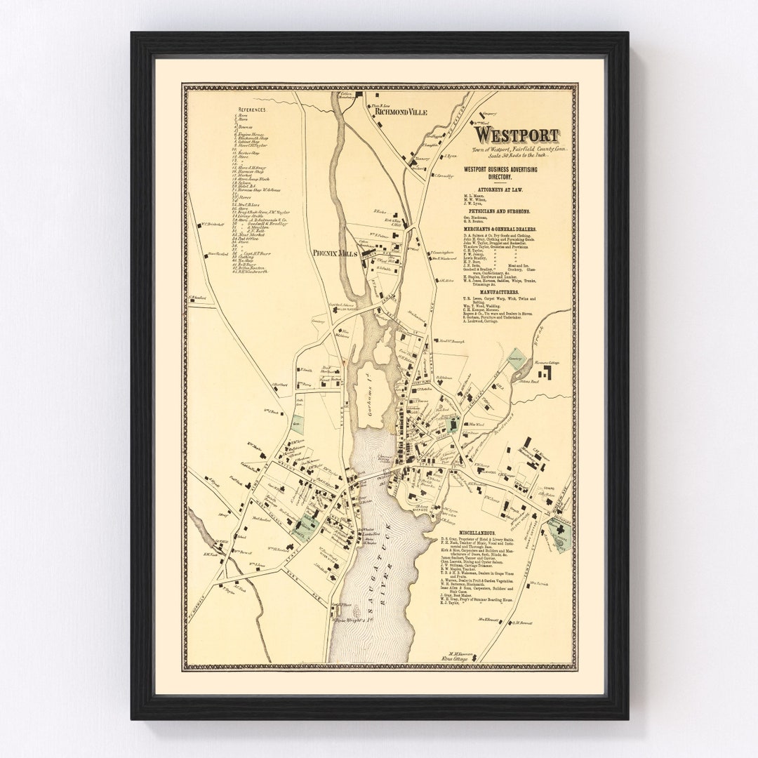 Westport Map 1867 - Old Map of Westport Connecticut Art Vintage Print ...