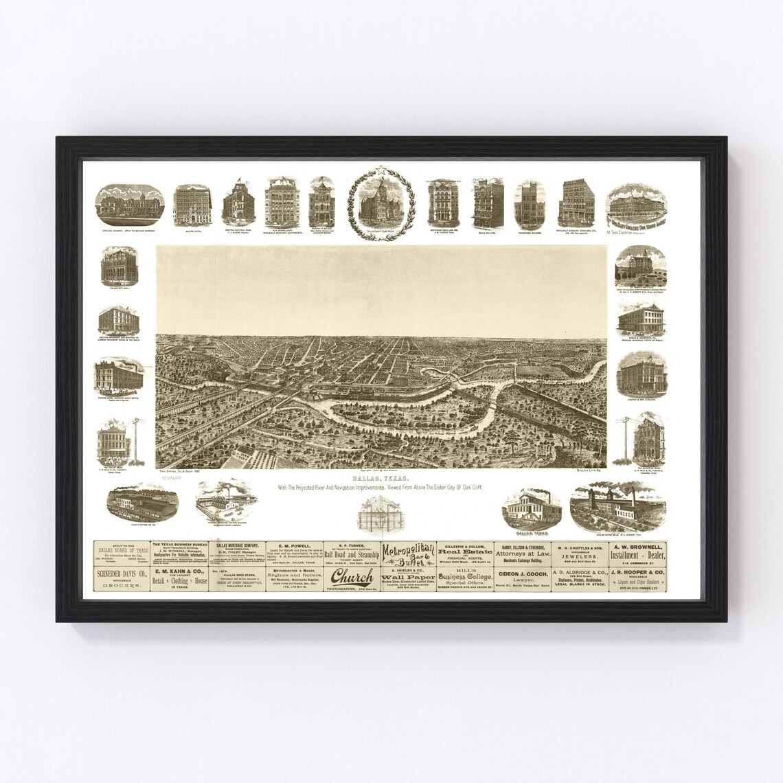 Dallas Map 1892 - Old Map of Dallas Texas Art Vintage Print Framed ...