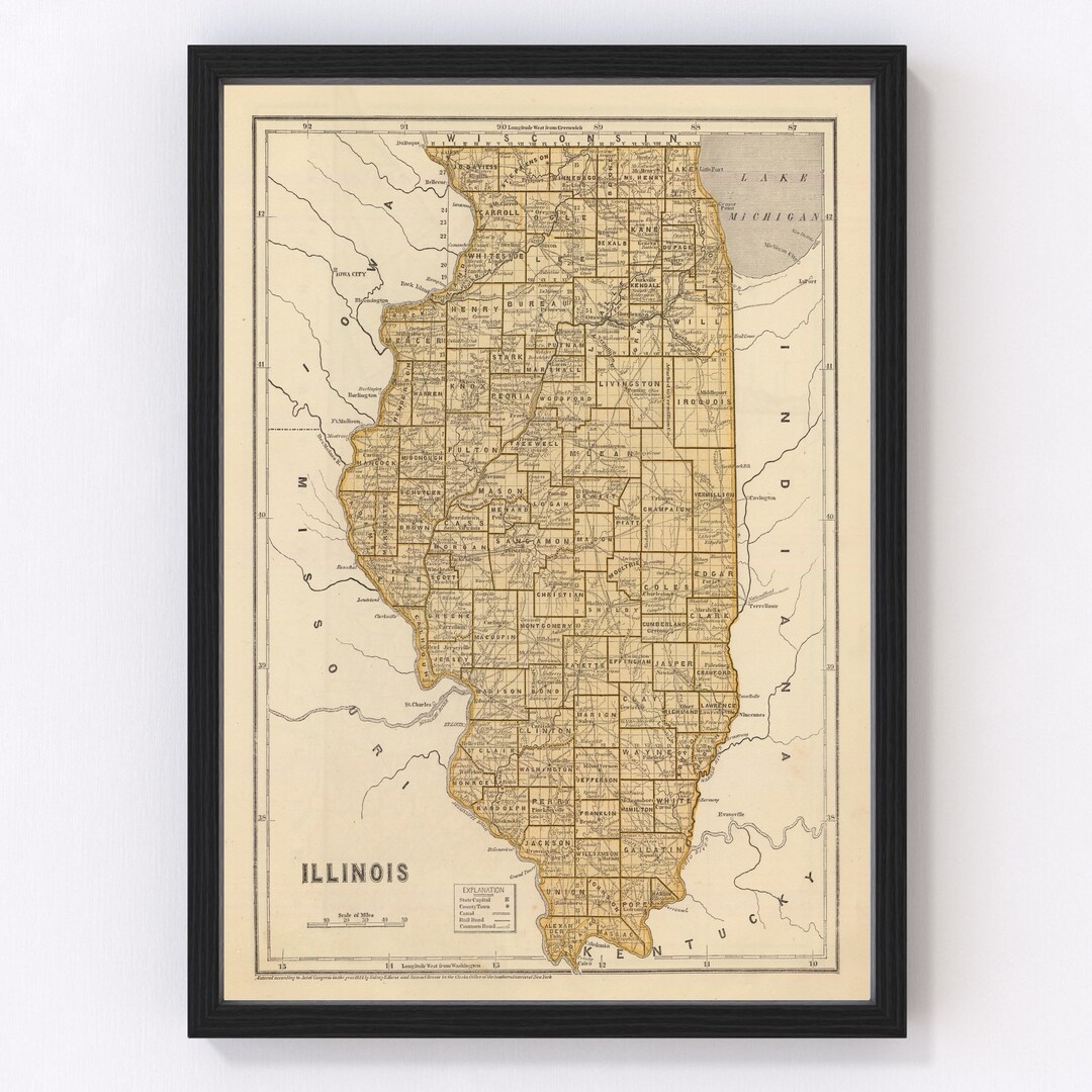 Illinois Map 1842 - Old Map of Illinois Art Vintage Print Framed Wall ...