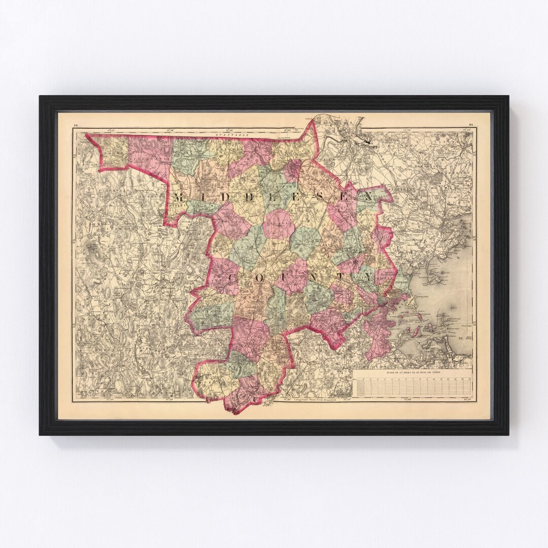 Middlesex County Map 1871, Vintage Middlesex County Map, Old Middlesex ...