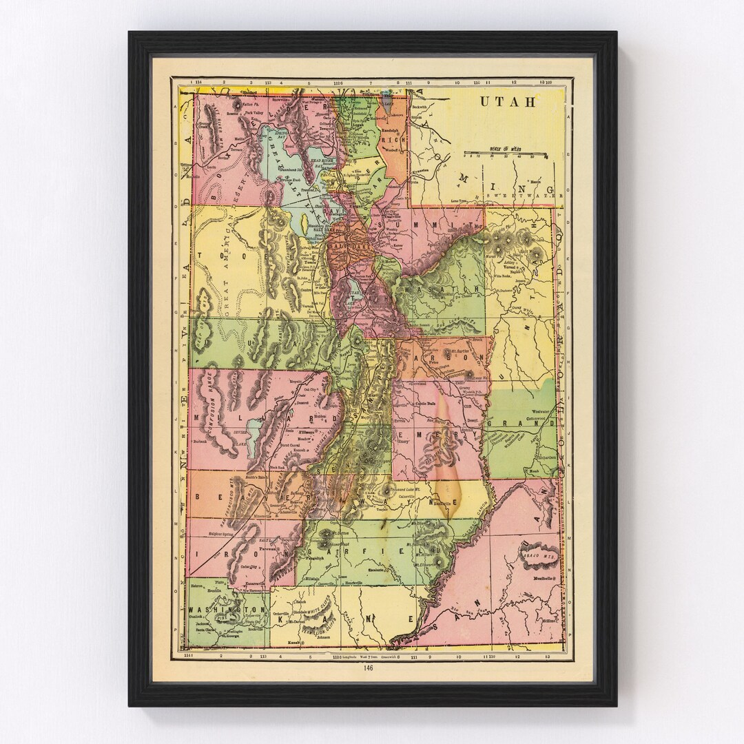 Utah Map 1909, Vintage Utah Map, Old Utah Art, Wall Art Gift for Utah ...