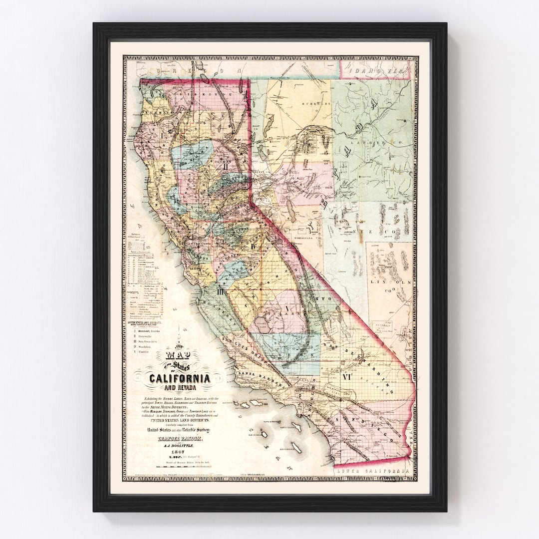 California Map 1867, Vintage California Map, Old California Art, Wall ...