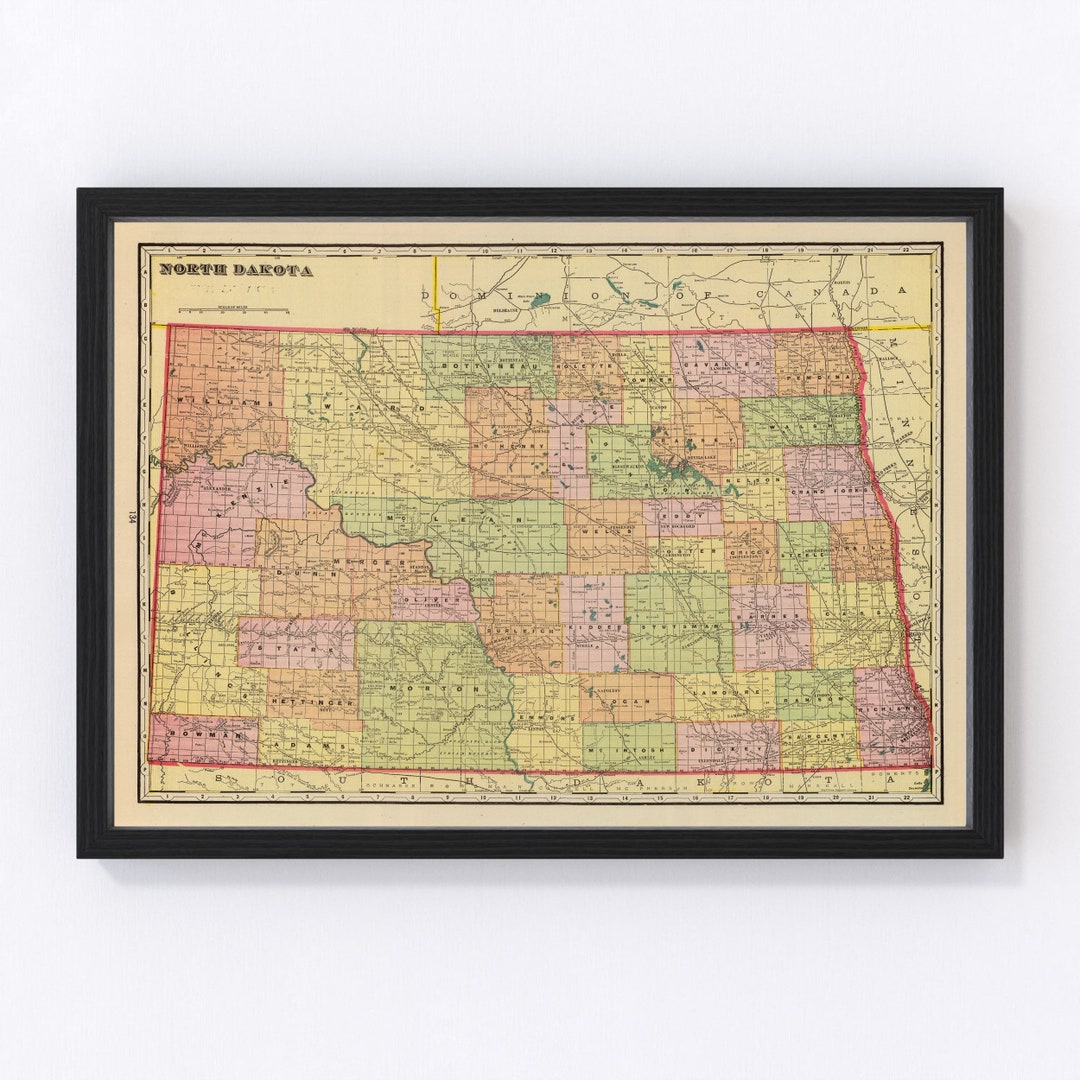 North Dakota Map 1909, Vintage North Dakota Map, Old North Dakota Art ...